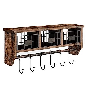 Rolanstar Wall Mounted Shelf with Hooks, Entryway Organizer Shelf with Storage Basket, Wall Mount Coat Rack with 6 Hooks, 24” Coffee Bar Hanging Shelf for Living Room,Bathroom,Kitchen,Rustic Brown