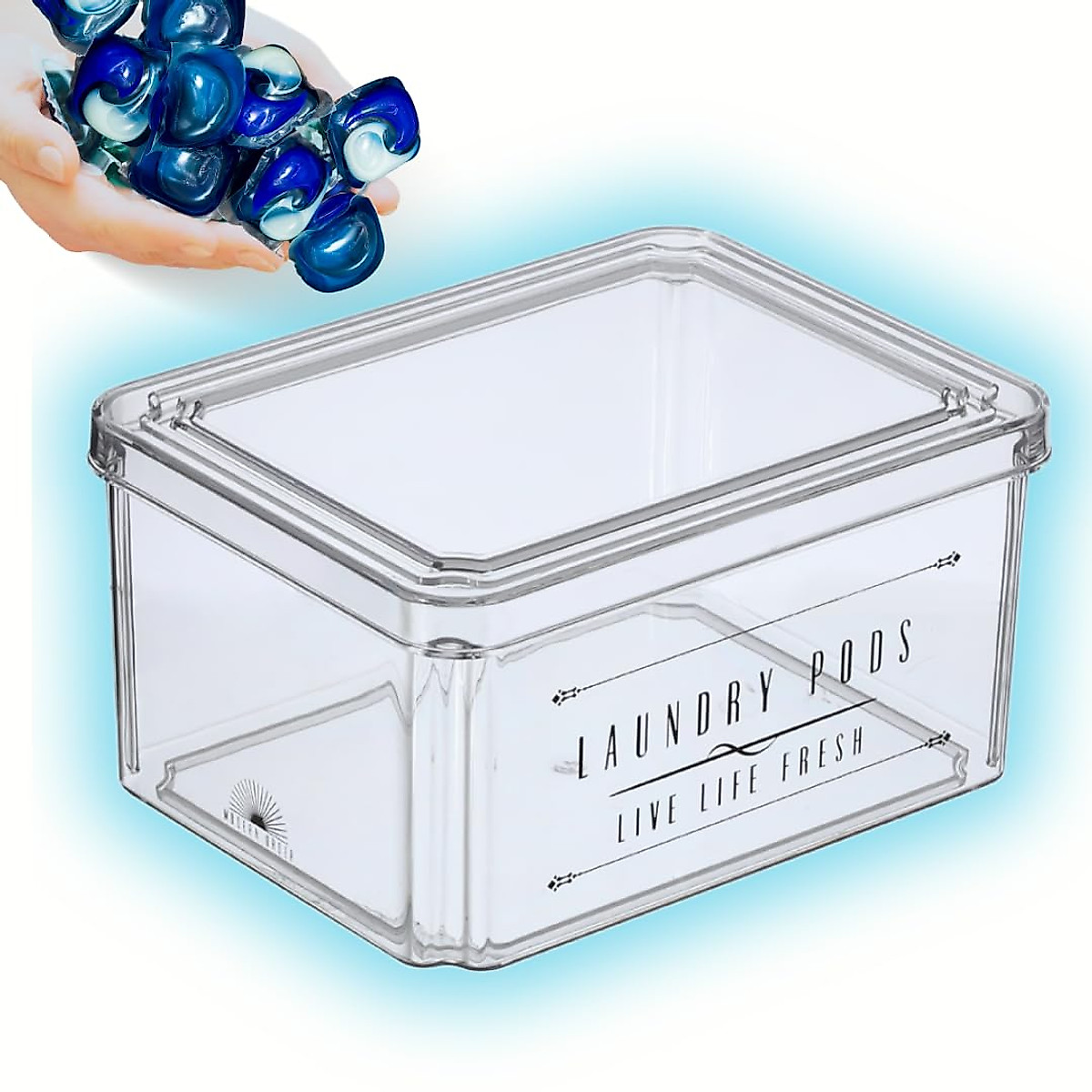 Modern Order Premium Laundry Detergent Pods Container, Clean & Clear Pod Pacs, Beads, Dryer Sheet Holder, Stackable Laundry Room Storage, Rectangle Box with Lid, Home Decor, Medium, Clear/Black