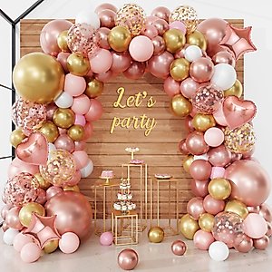 154Pcs Rose Gold Balloons Arch Garland Kit, Bachelorette Pink and Gold Confetti Balloons with Star Heart for Women Girls Birthday Wedding Bridal Baby Shower Party Decorations