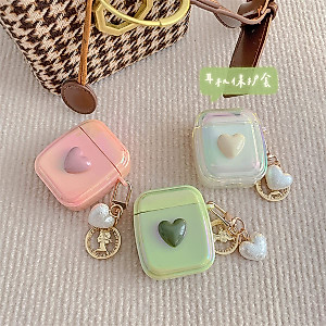 Fycyko Compatible with AirPods Case with Cute Keychain 3D Love Heart Rainbow Glitter Design Girls Woman Case Hard PC Cover Case for Airpods 2 &1-Pink