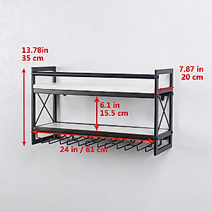 MBQQ Wine Rack Stemware Glass Rack,Industrial 2-Tier Wood Shelf,24in Wall Mounted Wine Racks with 6 Glass Holder for Wine Glasses,Mugs,Home Decor,Black