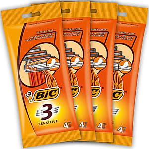 BIC 3 Sensitive, Men's Disposable Razors, Fixed Head Triple Blade for a Close Shave, Bundle of 4 Packs of 4