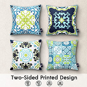 Phantoscope Set of 4 Outdoor Waterproof Throw Pillow Covers,Geometric, Decorative Boho Farmhouse Outdoor Pillows Cushion Case for Home Patio Furnitures Tent Sunbrella, Blue and Green 18x18 Inches