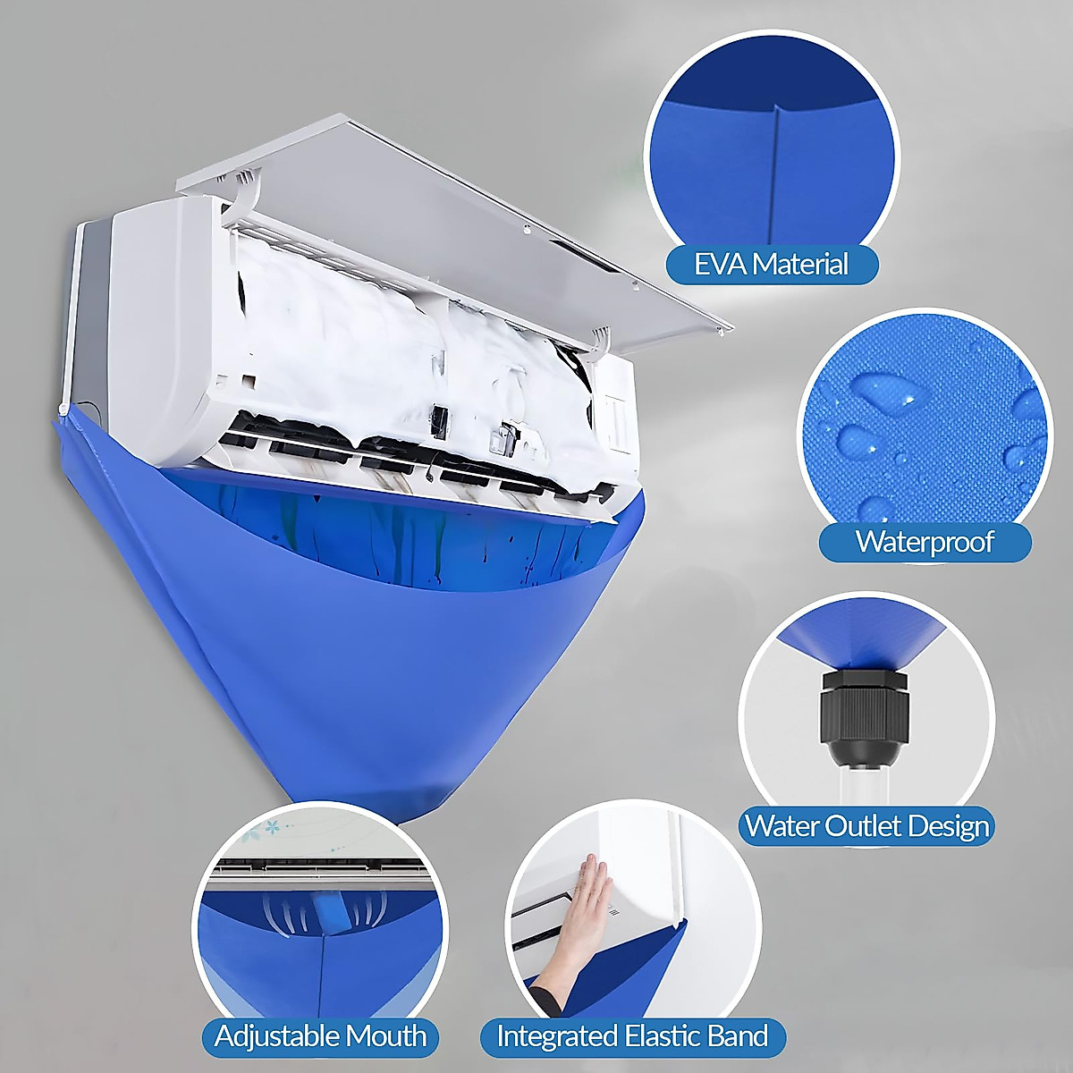 Air Conditioner Washing Bag, Waterproof Split Air Conditioner Cleaning Cover for Wall Mounted Mini Split AIR CONDITIONER Units, Cleaning tool for Home Office, Style A Blue with hose