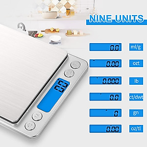 Yoncon Small Digital Food Scale Ounce/OZ and Gram Scale, Kitchen Scale 3000g/0.1g High Precision for Baking, Soap Making, Jewelry, Includes 2 Trays and Batteries, 9 Units, Tare Function, Easy to Store