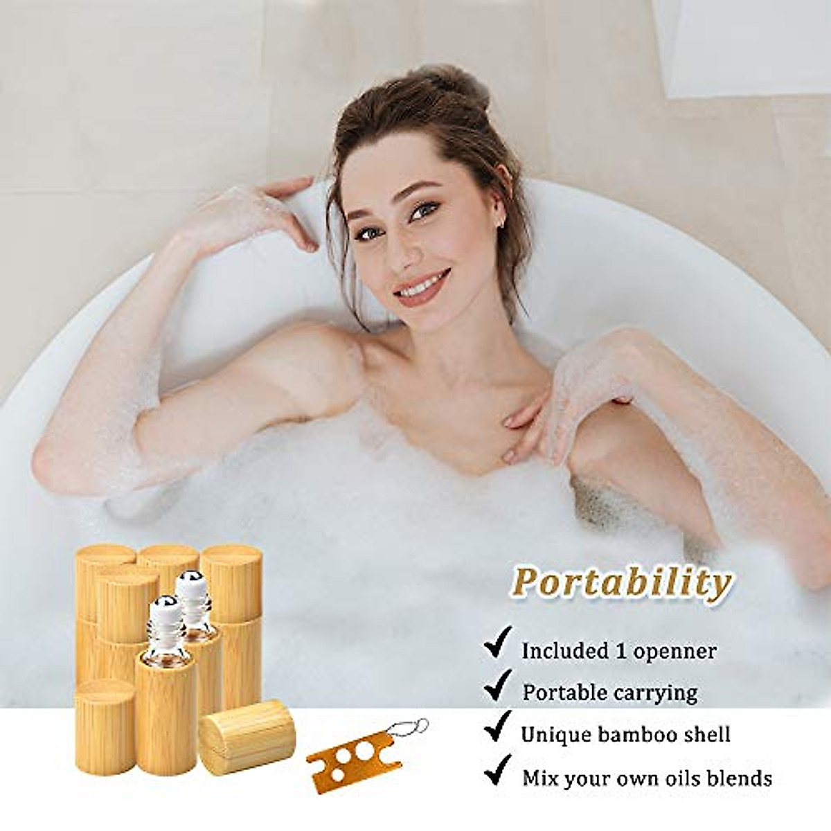 AUHOKY 12Pcs 5ml Bamboo Roll on Bottles for Essential Oils, Portable Massage Oil Bottle with Stainless Steel Roller Ball, Reusable Travel Perfumes Sample Lip Gloss Container (1 Opener)