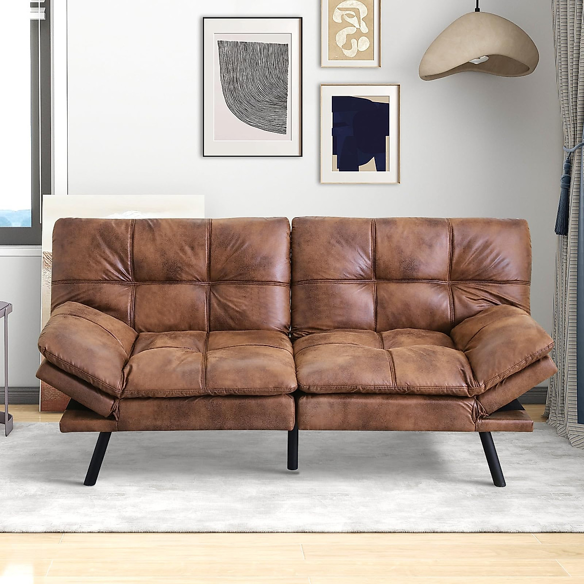 MUUEGM Futon Sofa Bed, Convertible Memory Foam Sleeper Couch,Modern Faux Leather Folding Love seat for Living Room,Small Space,Apartment,Office,Dorm,Adjustable Backrests Armrests 71" Sofa Bed, Brown