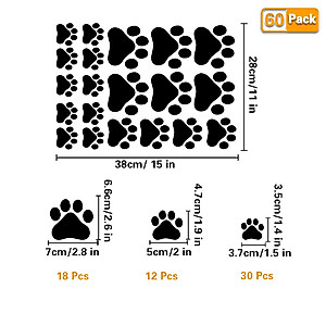 60 Pcs Dog Footprints Wall Decal Vinyl Stickers, Removable Lovely Animal Paw Print Art DIY Sticker Mural for Bedroom Playroom Living Room Office Home Window Door Decoration