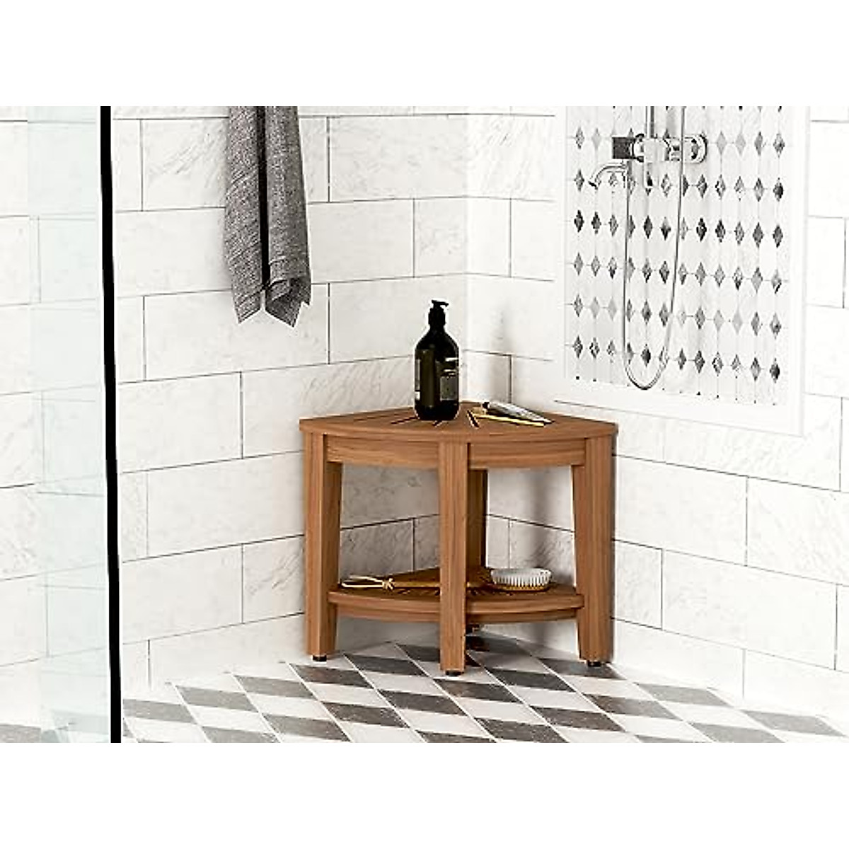 AquaTeak Floor Model - 15.5" Kai Corner Teak Shower Bench with Shelf