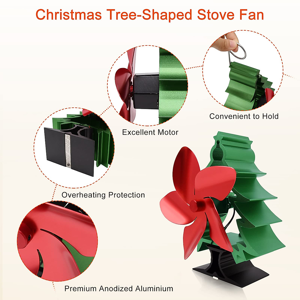 Aipoilk Heat Powered Wood Stove Fan Fireplace Fan for Wood Burner/Burning/Log Burner Fireplace & Stove, 5-Blade Christmas Tree Shaped Eco Wood Stove Fan Silent, Stove Top Fan