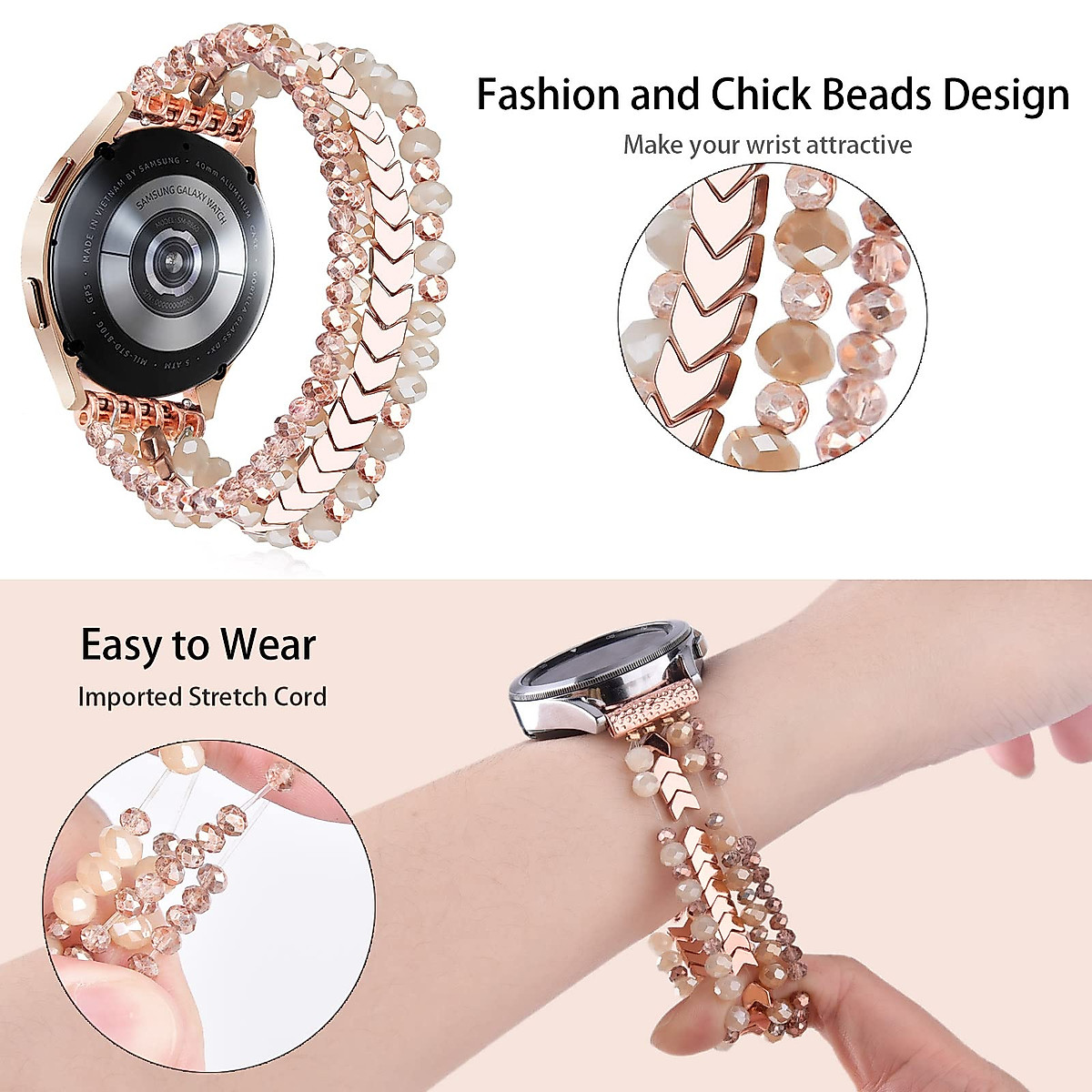 MOFREE Beaded Bracelet Compatible with Samsung Galaxy Watch7/6/5/4 40/44mm Band/Active 2,Watch 4 Classic 42mm 46mm,Watch 5 Pro 45mm Band Women,20mm Handmade Fashion Elastic Crystal Beads Bracelet