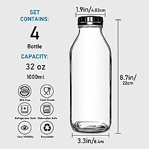 YEBODA 32oz Glass Milk Bottle with Plastic Tamper-proof Caps (4 Pack) Vintage Reusable Dairy Drinking Containers, Glass Bottles for Milk, Juice,Yogurt, Smoothies, Tomato Sauce, Jam, Syrup