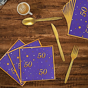 168PCS 50th Birthday Party Supplies Disposable Paper Plates Napkins Cups Knives Spoons Forks for Men women Purple and Gold 50 Birthday Party Decorations Serve 24