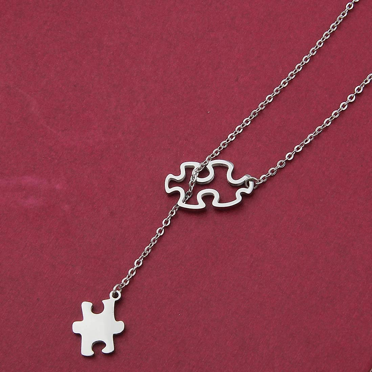 BNQL Autism Awareness Puzzle Lariat Necklace Motivational Autism Gift (Silver Y necklace)