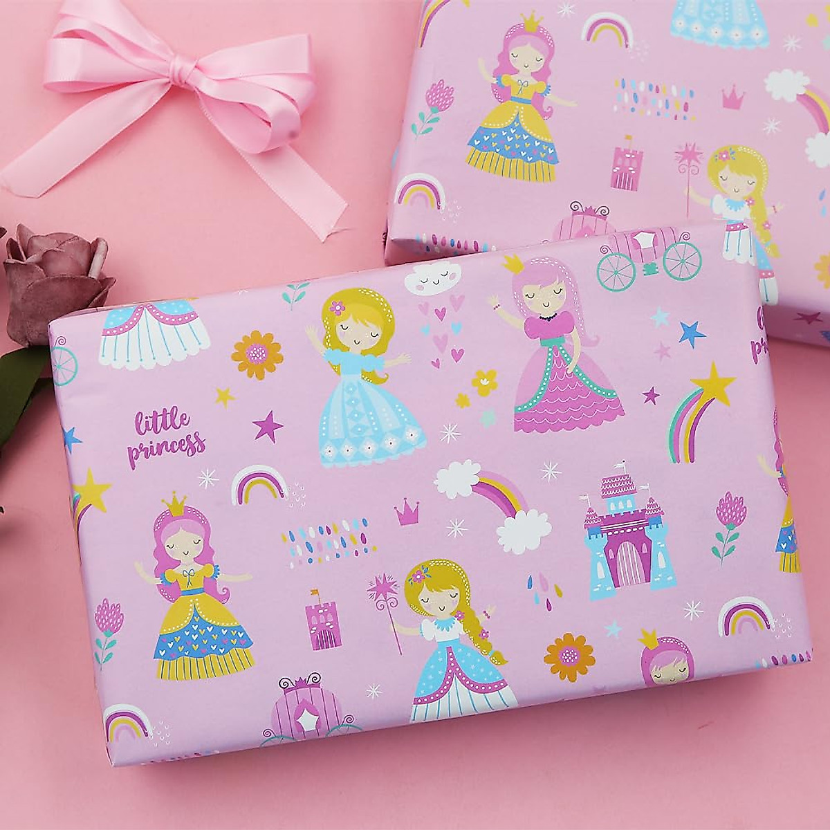 Little Princess Birthday Wrapping Paper for Girls Kids Baby Child, Lovely Pink Princess Castle Theme Gift Wrapping Paper for Birthday Baby Shower with Pink Ribbon 4 Sheets Folded Flat