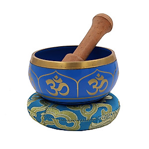 DharmaObjects ~ Tibetan OM Singing Bowl Set ~ With Mallet, Brocade Cushion & Carry Bag ~ For Meditation, Chakra Healing, Prayer, Yoga (OM, Turquoise)