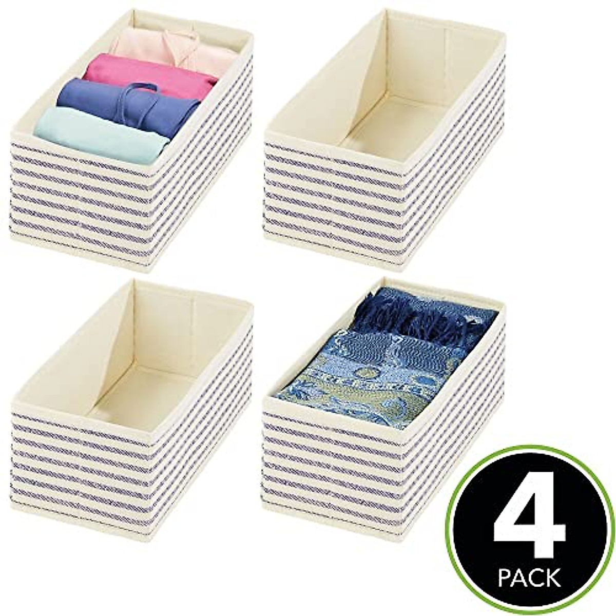 mDesign Soft Fabric Dresser Drawer and Closet Storage Organizer Bin for Bedroom - Holds Lingerie, Bras, Socks, Leggings, Clothes, Purses, Scarves, Lido Collection - 4 Pack - Natural/Blue Stripe