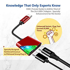 AGVEE Dual USB-C Headphone & Charging Adapter, Type-C Earbud Splitter, Duo USBC Audio & Charger Jack Earphone Dongle for Samsung S21 S20 FE 5G Ultra, Note 20 10, iPad Pro, Pixel 2 3 4 5 XL, Red
