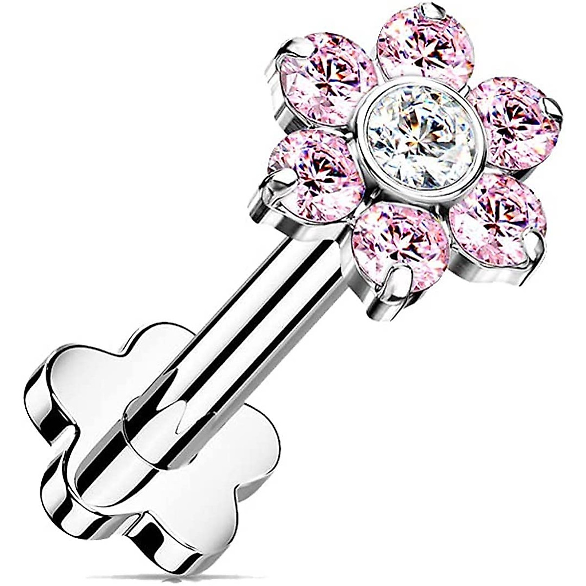 Covet Jewelry Titanium Threadless Push in Flower Base Labret With CZ Flower Top (Pink)