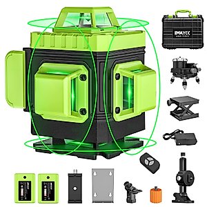 IMAYCC Laser Level, 4x360° Self Leveling Laser Level, 4D Cross Line Laser with Remote Control, Anti-fall Box, Multiple Stands, Rechargeable Batteries for Construction and Decoration