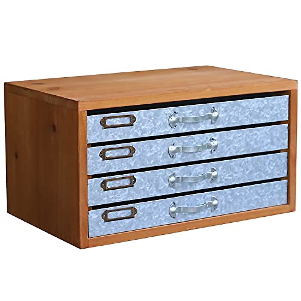 Wooden File Organizer with 4 Metal Drawers - File Sorter & Folder Organizer for Letter Sized A4 Documents - Desktop Paper Tray Drawers with Label Holders - Retro Steampunk Style Office Supplies