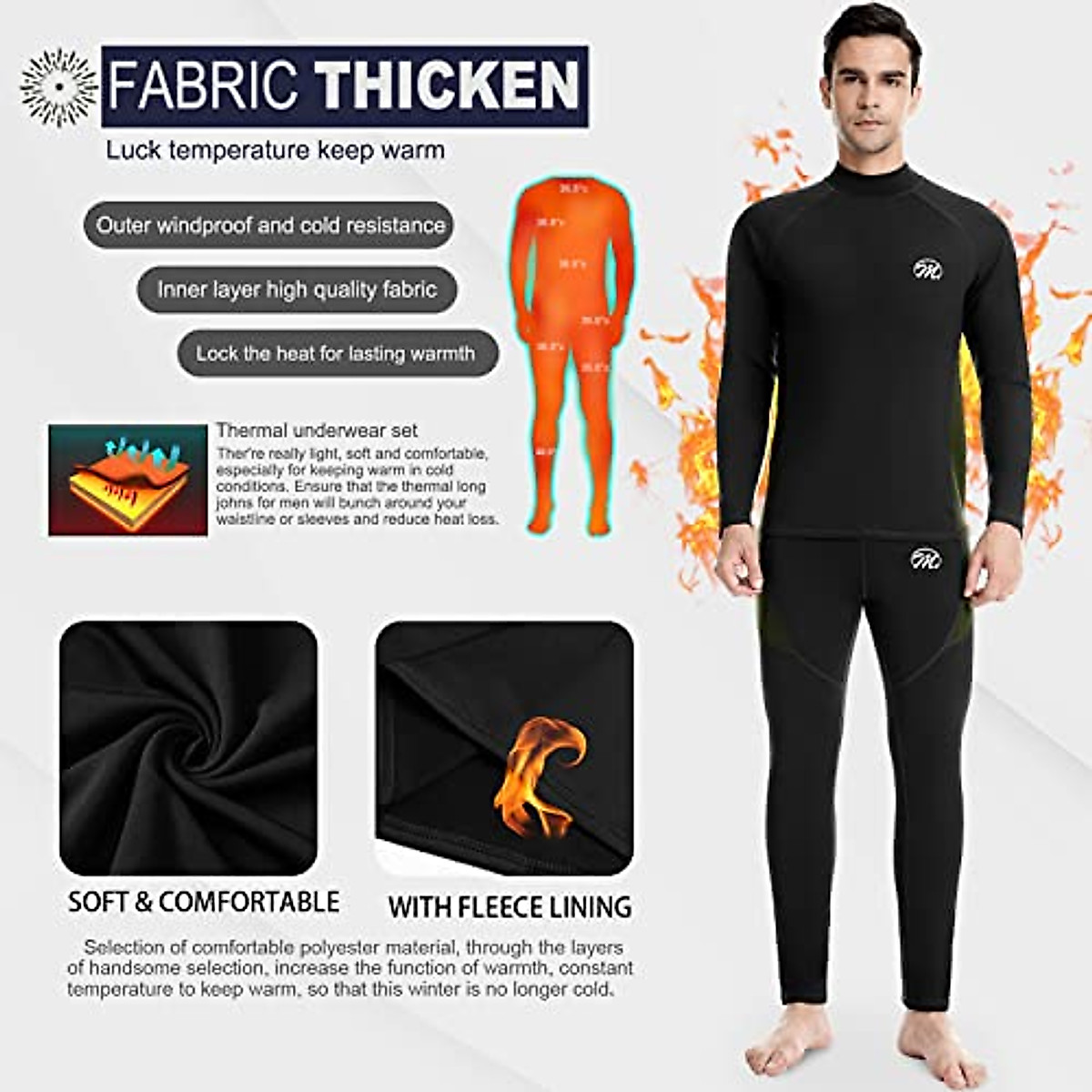 MEETWEE Men's Thermal Underwear Set, Winter Ski Gear Fleece Lined Long Johns Base Layer Warm Top & Bottom for Skiing Black