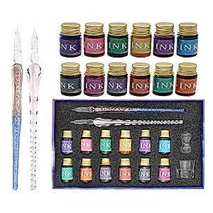 XIAOYU Glass Dip Pen Set, 16 Pieces Calligraphy Pen Set Includes 2 Crystal Glass Pens, 12 Colors Ink, Cleaning Cup, Pen Holder, Pink