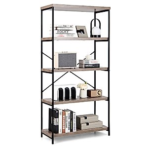 Tangkula 5-Tier Bookcase, Rustic Industrial Bookshelf, Decor Accent Display for Home, Office, Living Room, Bedroom, Wood Shelves w/Metal X-Shaped Frame, Display Bookshelf (Grey)