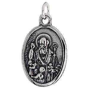 Sterling Silver St Nicholas Medal Pendant Oxidized finish Oval 7/8 inch