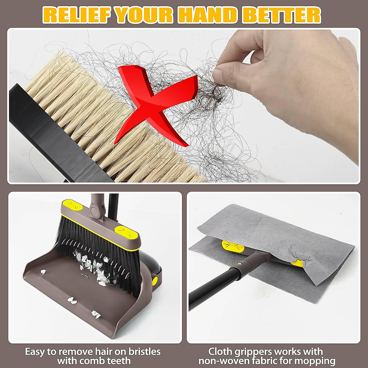 JEHONN Broom with Dustpan Combo Set Lightweight 54'' Long Handle Swivel Broom Indoor Patented Openable Dust Pan Tail for Kitchen Home Office (Brown Yellow)