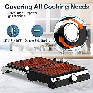OMAIGA Panini Press, Sandwich Maker, 1500W 6-Serving Indoor Grill, Stainless Steel Top Surface, Detachable Non-stick Die-cast Aluminium Plates, Upright Storage, Opens 180 degrees