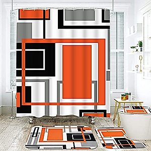 Likiyol 4 Pcs Burnt Orange Shower Curtain Sets with Non-Slip Rugs, Toilet Lid Cover and Bath Mat, Modern Abstract Geometric Shower Curtain with 12 Hooks, Black Grey Bathroom Set