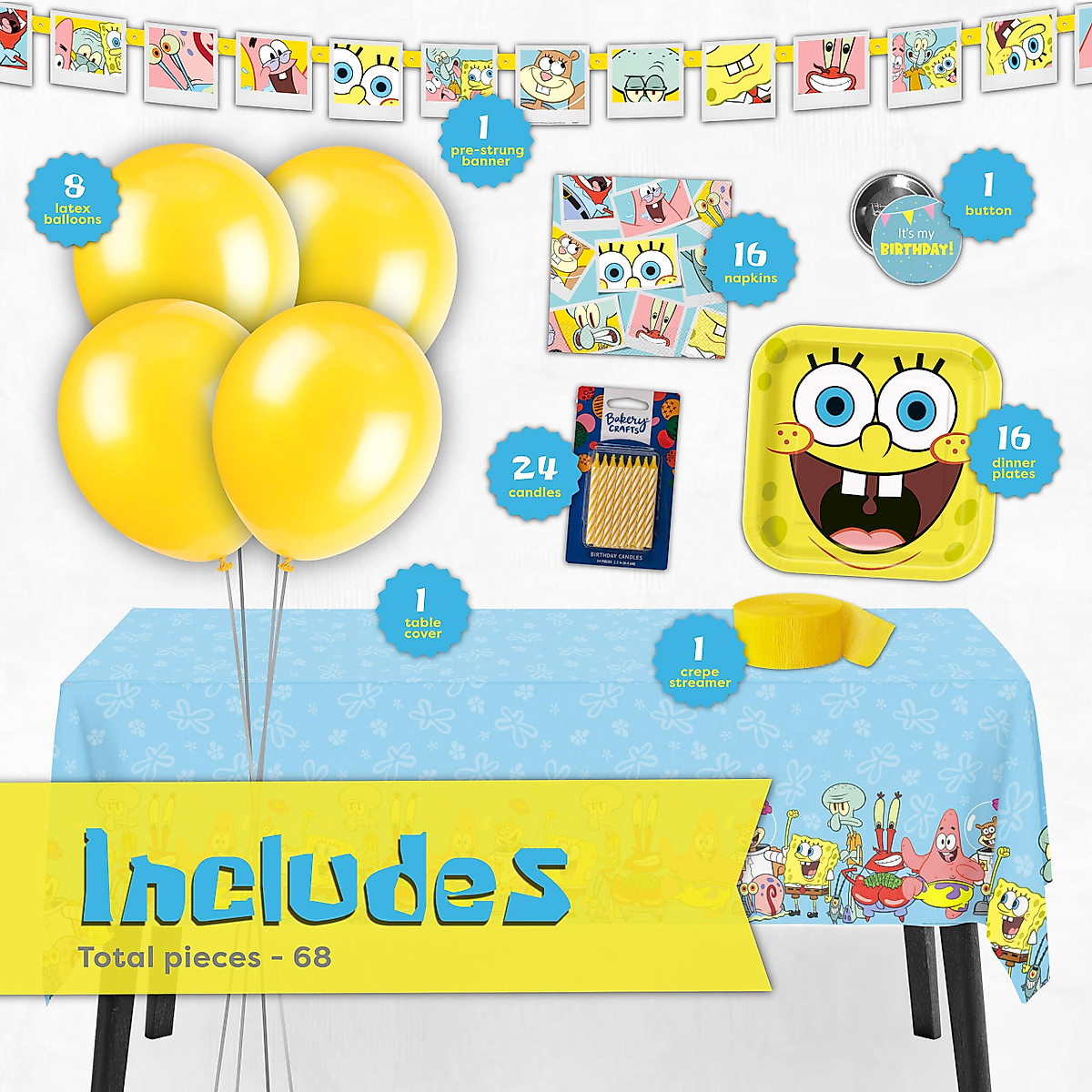 Spongebob Party Supplies Set | Serves 16 Guests | Spongebob Party Decorations With Table Cover, Banner Decoration, Spongebob Plates, Napkins, Balloons, Crepe Streamer, Candles and Button