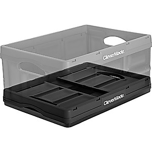CleverMade - 8034119-21843PK 62L Collapsible Storage Bins with Lids, 3 Pack, Neptune Blue & 32L Collapsible Storage Bins - Durable Plastic Folding Utility Crates, Black, 3 Pack