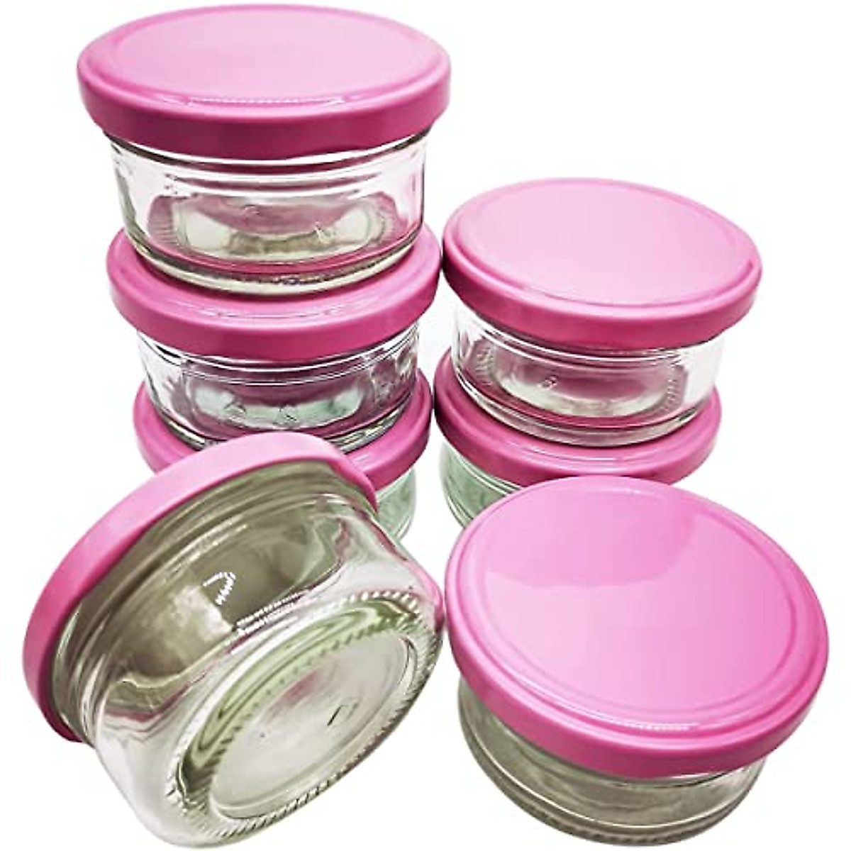 Delove [7 Pack] 2.7 oz Small Glass Condiment Containers with Lids - Salad Dressing Container to Go - Dipping Sauce Cups Set - Leak proof Reusable Sauce Containers for Lunch Box Picnic Travel - Pink