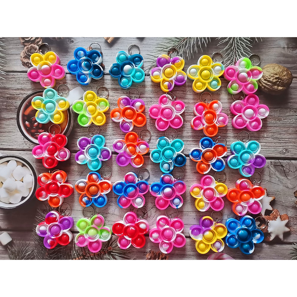 30 Packs Rainbow Flower Mini Pop Bubble Fidget Sensory Toys, Silicone Stress Relief Party Favors and Classroom Prize Gifts