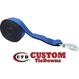 CustomTieDowns 2 Inch x 16 Foot Heavy Duty Replacement Winch Strap, Boat Hook On One End, 1 Inch Loop On Opposite End for Attachment to Winch. (Blue)