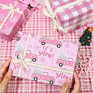 Whaline 12 Sheet Pink Christmas Wrapping Paper Winter Pink Gift Wrap Paper Xmas Tree Santa Snowman Snowflake Folded Flat DIY Craft Art Paper for Party Decor Supplies, 19.7 x 27.6 Inch