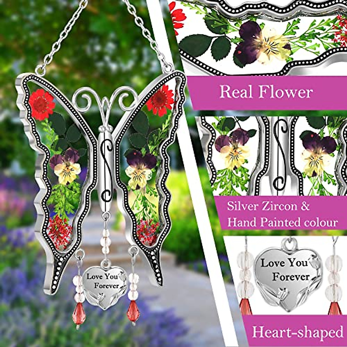 KY&BOSAM Suncatchers Love You Forever Butterfly Mom Gifts, Gift for Mom from Daughter Son, Suncatcher Gifts for Women Ornament for Windows Wind Chime with Pressed Flower Butterfly Embedded in Glass
