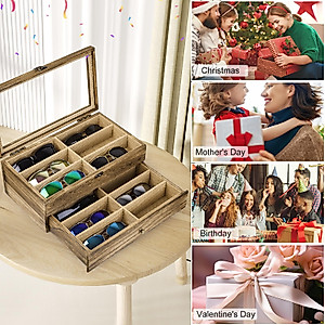 SRIWATANA Sunglasses Case Organizer for Women Men, Father's Day Gift, 12 Slot Wood Eyeglass Eyewear Display Box with Glass Top, Carbonized Black