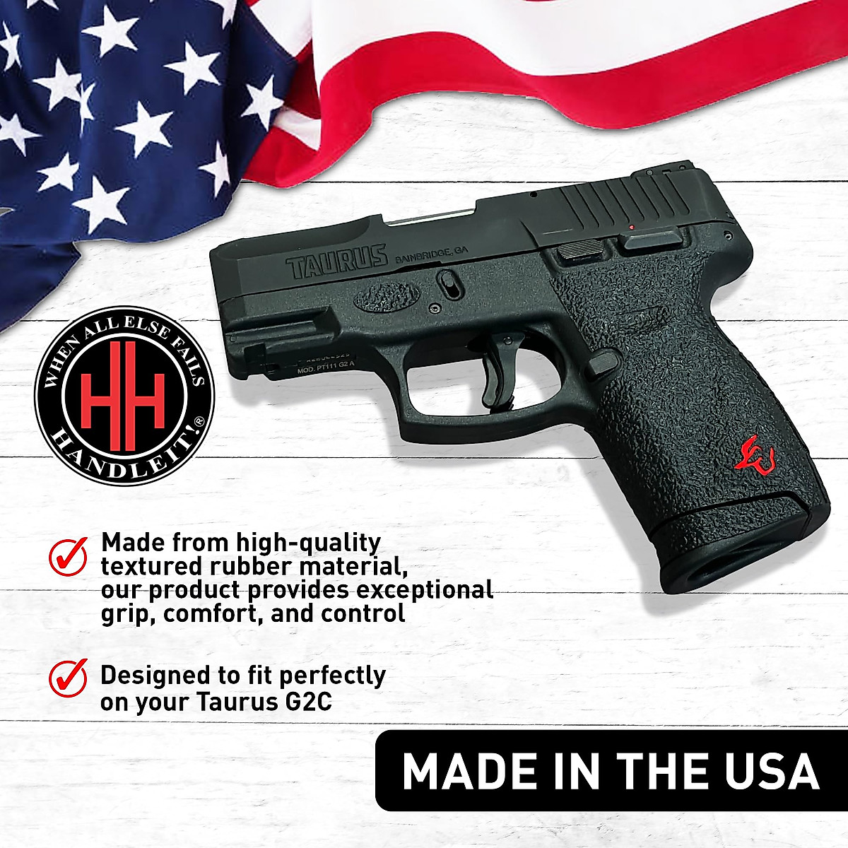 Handleitgrips Gun Grip Tape Compatible with Taurus G2C | Black Textured Rubber Pistol Grip Tape with Red Insert | Gun Accessories | Veteran Owned