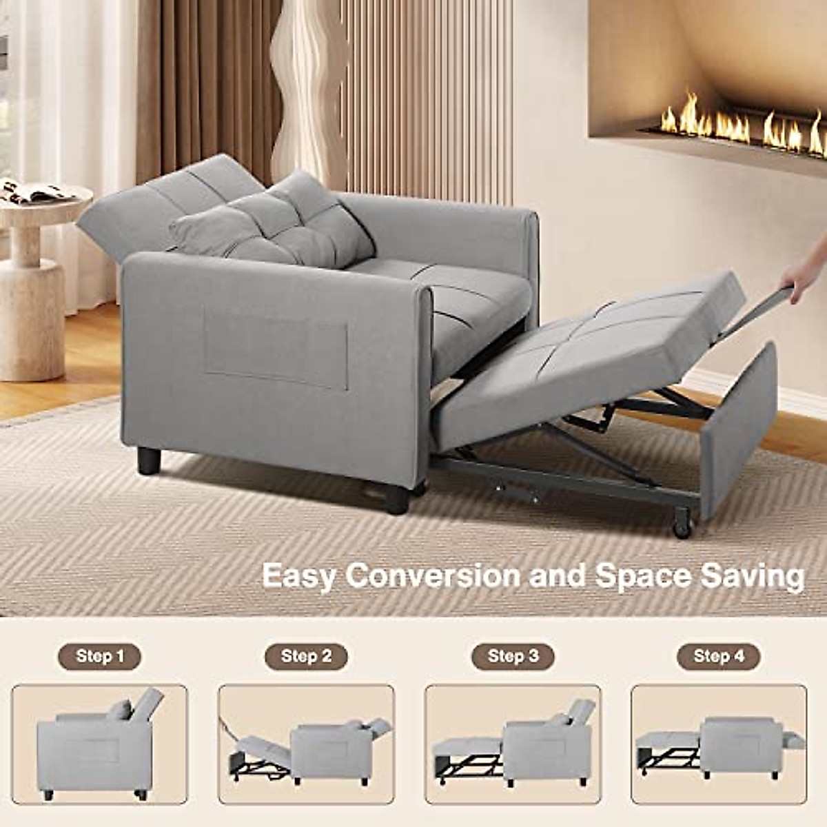 Convertible Sleeper Sofa Chair Bed, 3-in-1 Single Convertible Chair Bed, Adjustable Chair with Pillow and Pocket, Multi-Functional Sleeper Chair with Modern Linen Fabric for Apartment, Light Gray