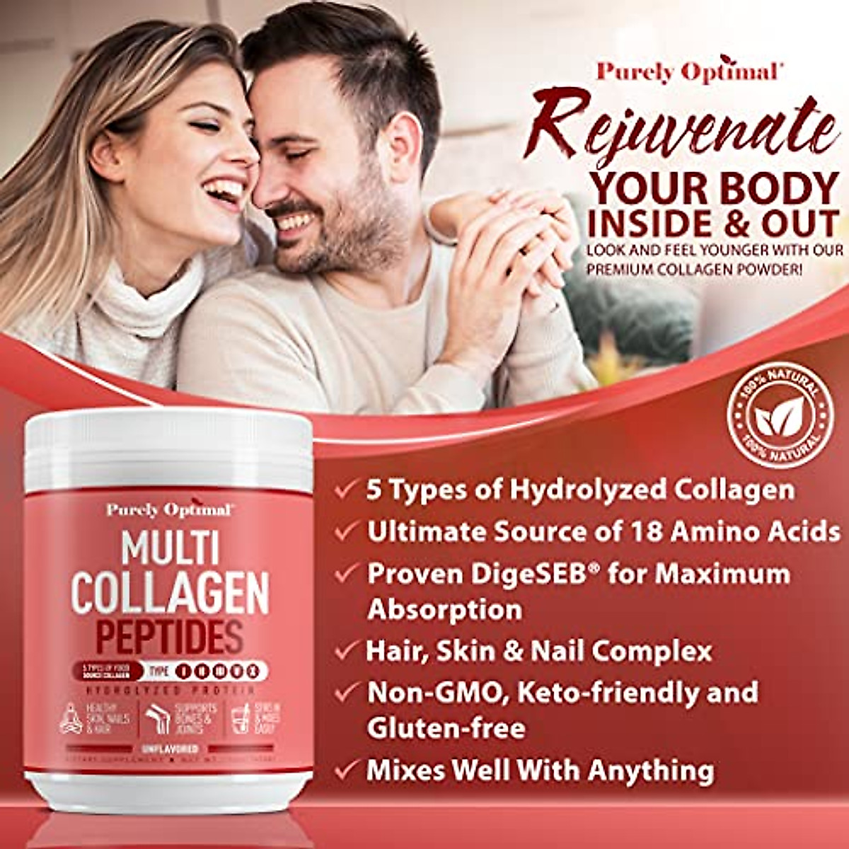 Purely Optimal Premium Multi Collagen Powder - 5 Types of Hydrolyzed Collagen Peptides with Biotin, Hair Skin and Nails Vitamins, Bone & Joint Support - Keto-Friendly, Unflavored (16 oz)