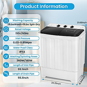 Nictemaw Portable Washing Machine 30Lbs Capacity Washer and Dryer Combo 2 In 1 Compact Twin Tub Laundry Washer (19Lbs) & Spinner (11Lbs) with Built-in Drain Pump, Time Control, for Apartment Dorms RV