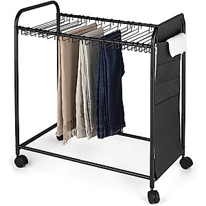 Pants Hanger Rolling Pants Trolley for Closet Pants Trouser Organizer with 20 Hangers and Side Bag for Dress Jeans Skirts Metal, Black