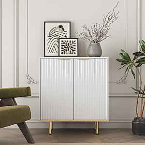 Fluted Sideboard Cabinet, Buffets & Sideboards, 2 Door Design, Elegant White Sideboard - Acceent Cabinet Ideal for Dining Room and Kitchen Storage 31.4 INCH