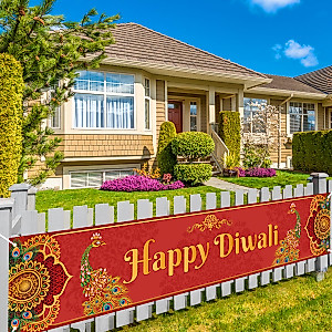 Diwali Peacock Decorations Outdoor Happy Diwali Banner for Fence Deepawali Indian Festival of Lights Decorations and Supplies for Home