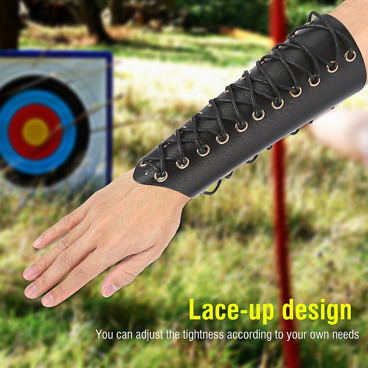 Dioche Archery Arm Guard, 1Pc Protective Bracer Hunting Shooting Lace-up Leather Armguard (Black)