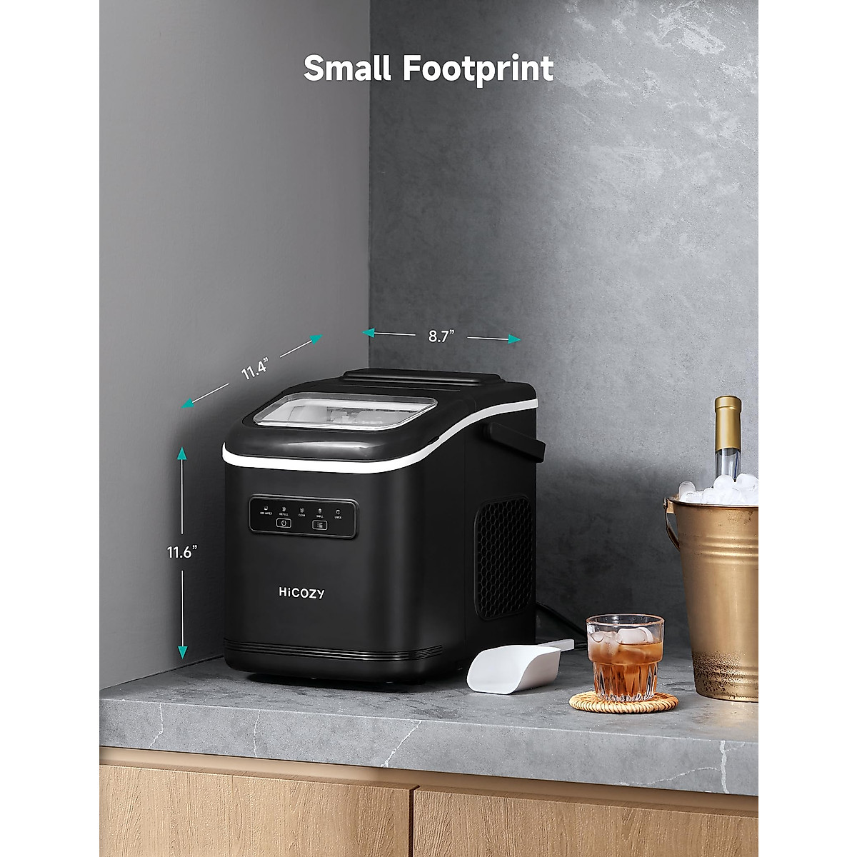 HiCOZY Countertop Ice Maker with Handle, Ice in 6Mins, 26 lbs/Day,Portable Ice Maker Machine with Self-Cleaning for Apartment/Under Cabinet/Kitchen/Office/Camping/RV/Home Bar(Black)