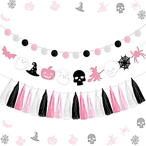 Kreatwow Pink Black Halloween Birthday Decoration Halloween Tassel Garland Banner Halloween Hanging Garland Skull Bat Spider Ghost Supplies for Birthday Wedding Baby Bridal Shower Bunting Supplies